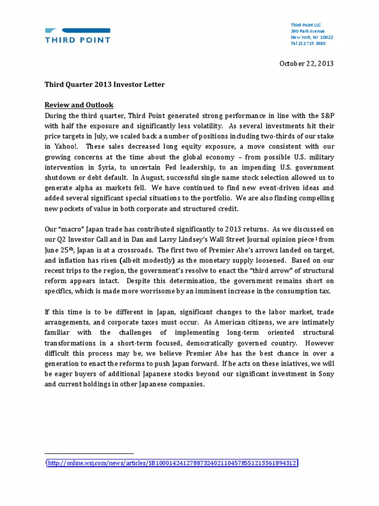 Third Point Capital Q3 2013 Letter To Investors | PDF | Nokia | Investor