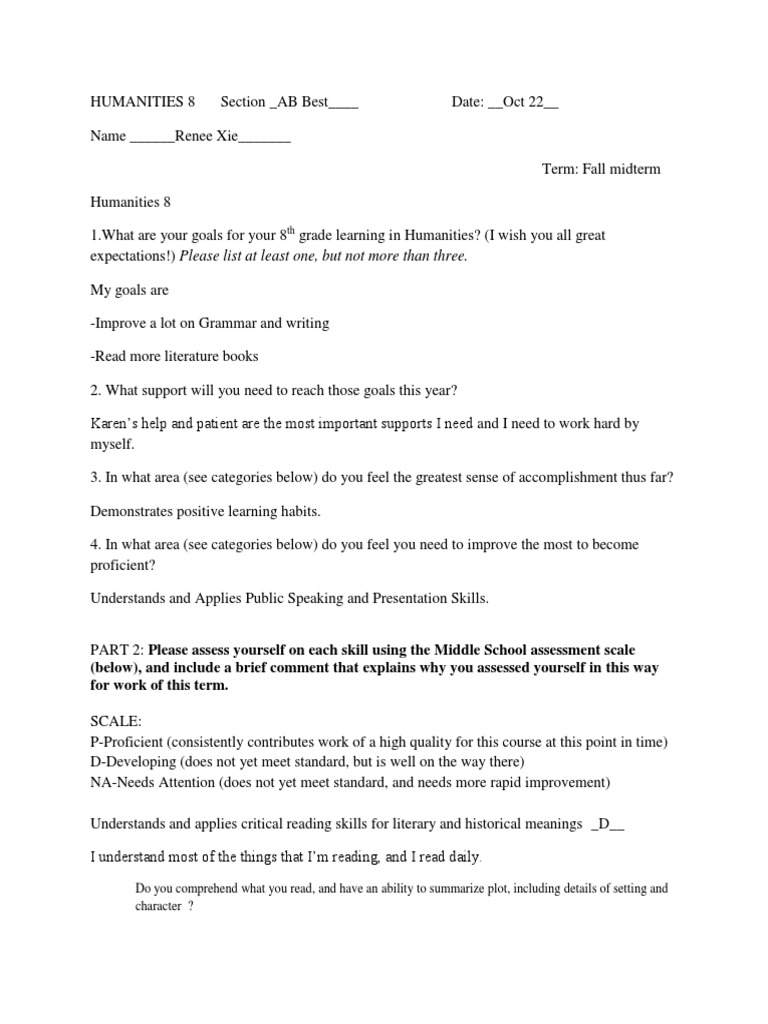 8th Grade Humanities Midterm Goals | PDF | Homework | Humanities