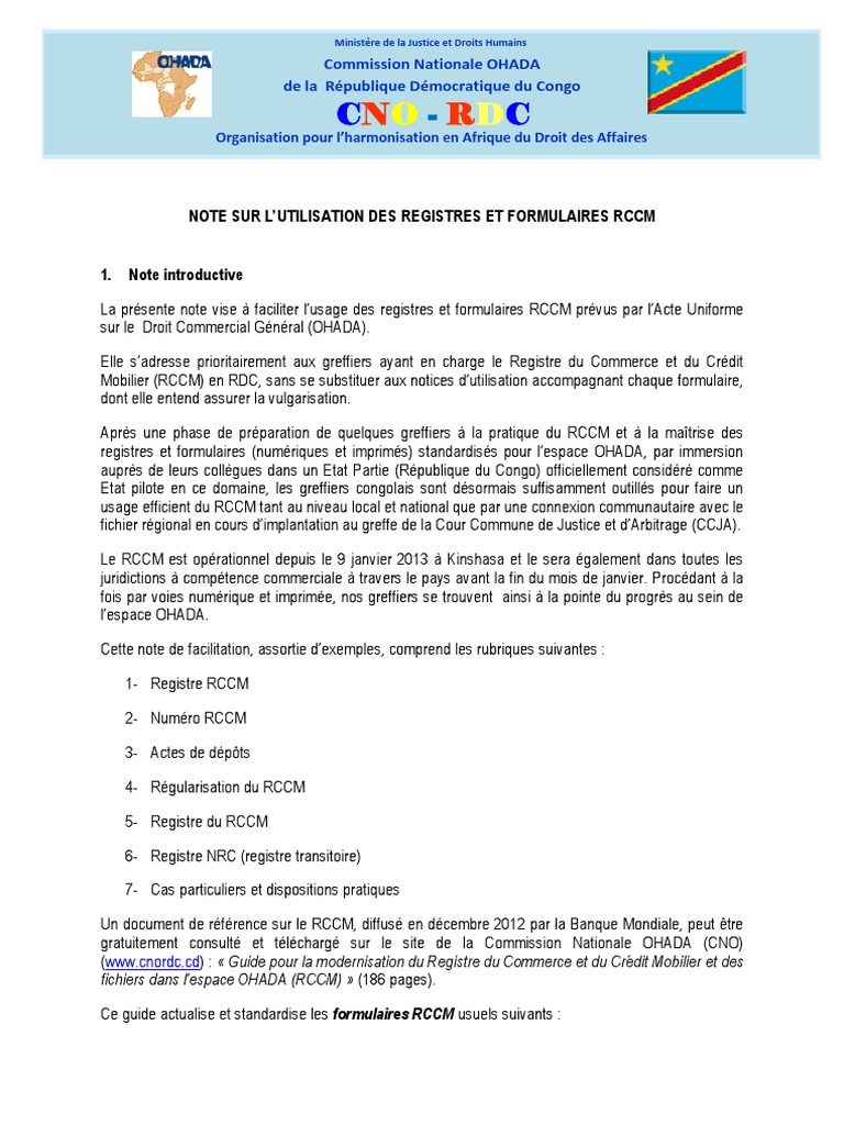 Cno Note Sur Lutilisation Des Formulaires RCCM | PDF | République démocratique du Congo | Banques