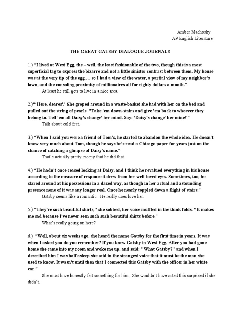 The Great Gatsby Dialogue Journals | PDF | Leisure