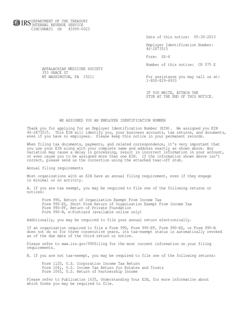 Notice of Employer Identification Number Assignment and Annual Filing Requirements for the ...