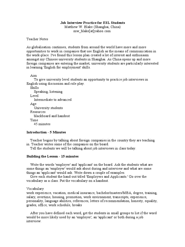 ESL Job Interview Role Play Lesson Plan | PDF | Job Interview | Employment