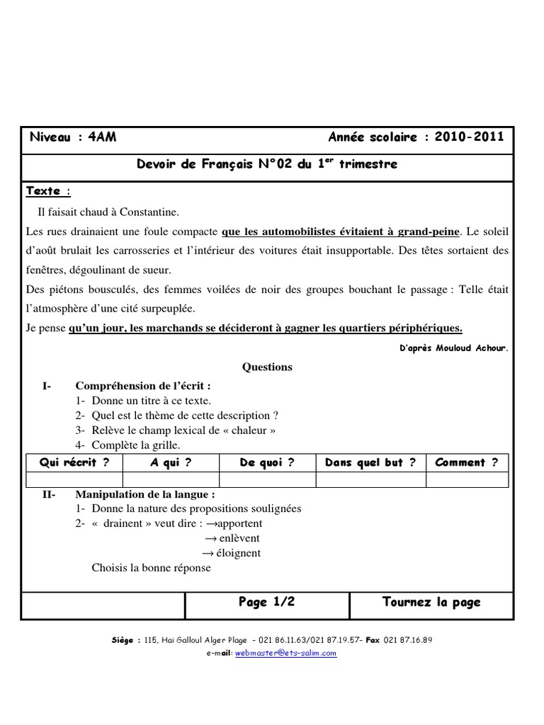 Devoir n02 Francais 4AM | PDF
