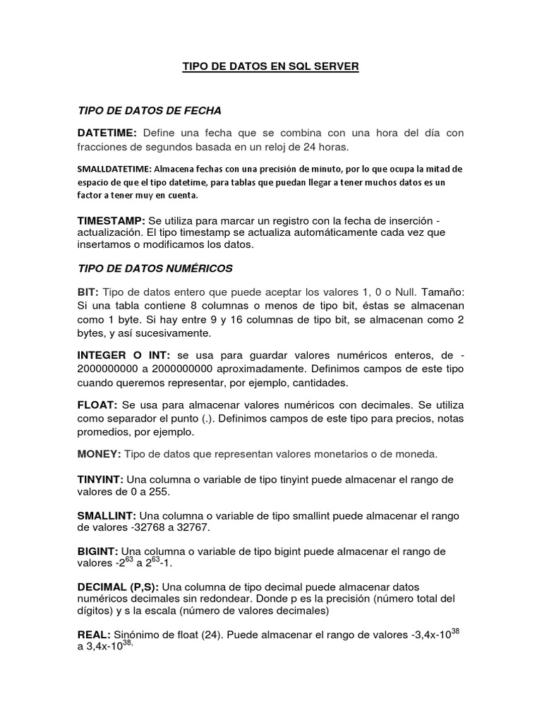 Guía de Tipos de Datos en SQL Server | PDF | Byte | Tipo de datos