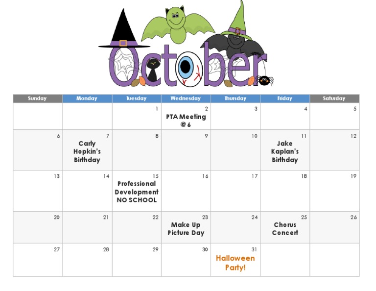 School Events & Birthdays Calendar | PDF