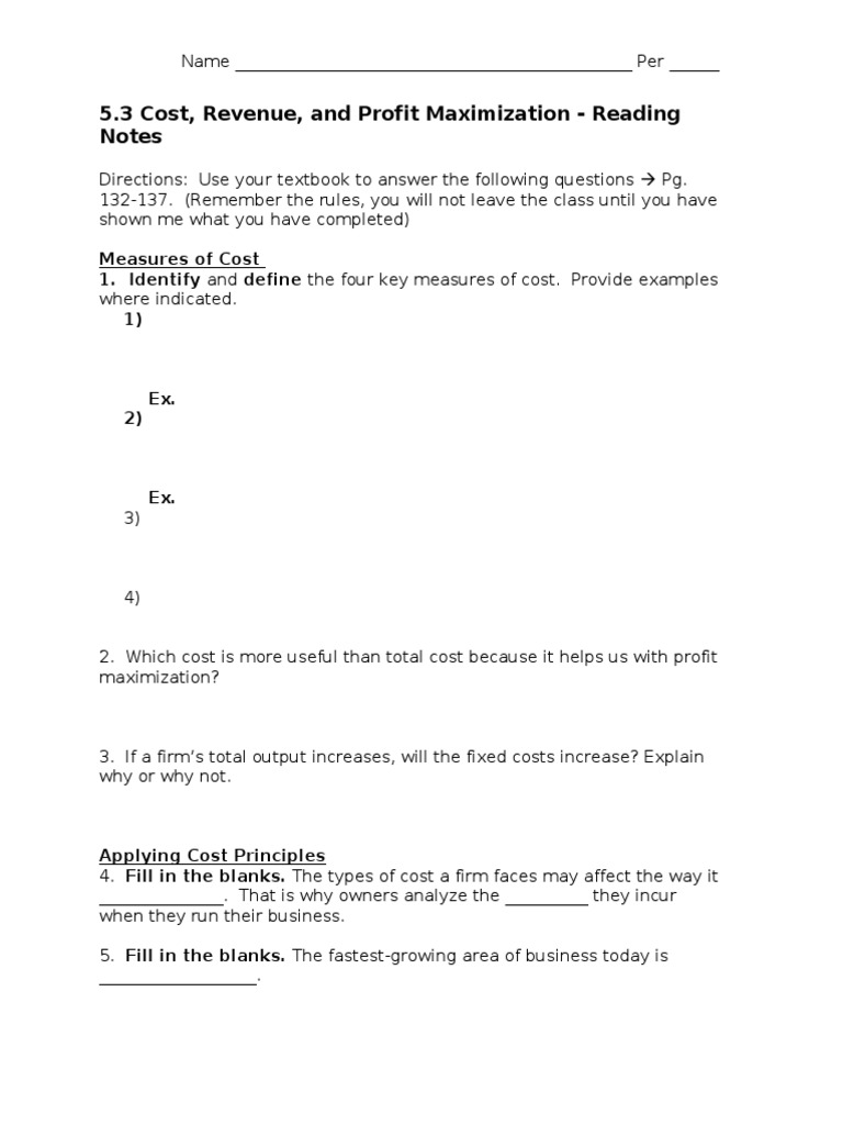 5.3 Cost, Revenue and Profit Maximization WKST | PDF | Financial ...