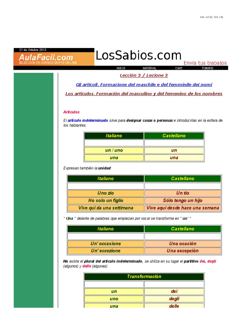 aRTICULOS en Italiano | Lengua española | Lingüística | Prueba gratuita ...