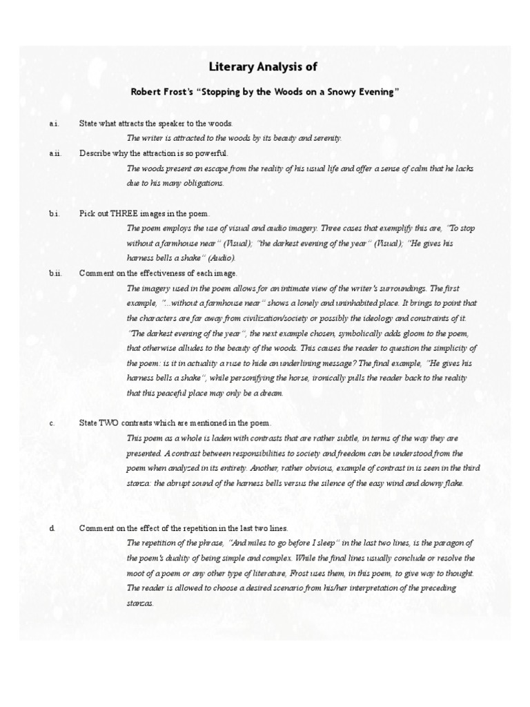 Literary Analysis of Robert Frost's "Stopping by The Wood On A Snowy ...