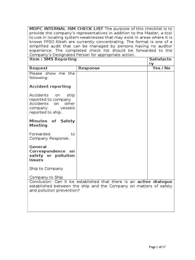 MDPC INTERNAL ISM CHECK LIST The Purpose of This Checklist Is To | PDF ...