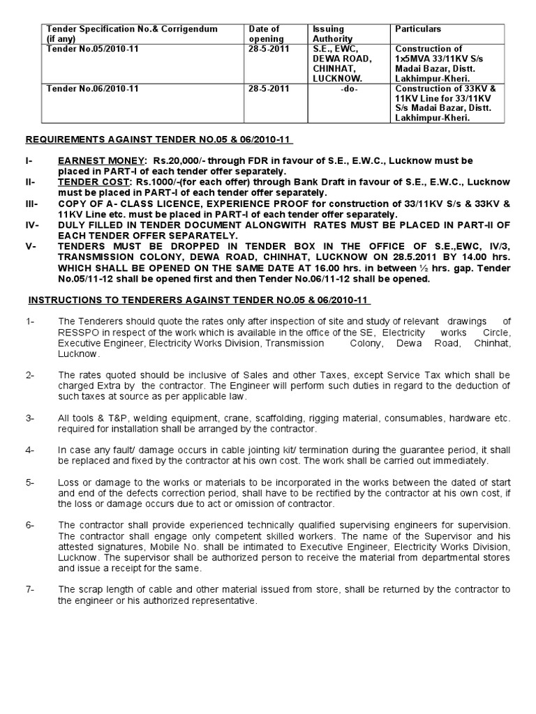 Tender Specifications for Electrical Works | PDF | Insulator ...