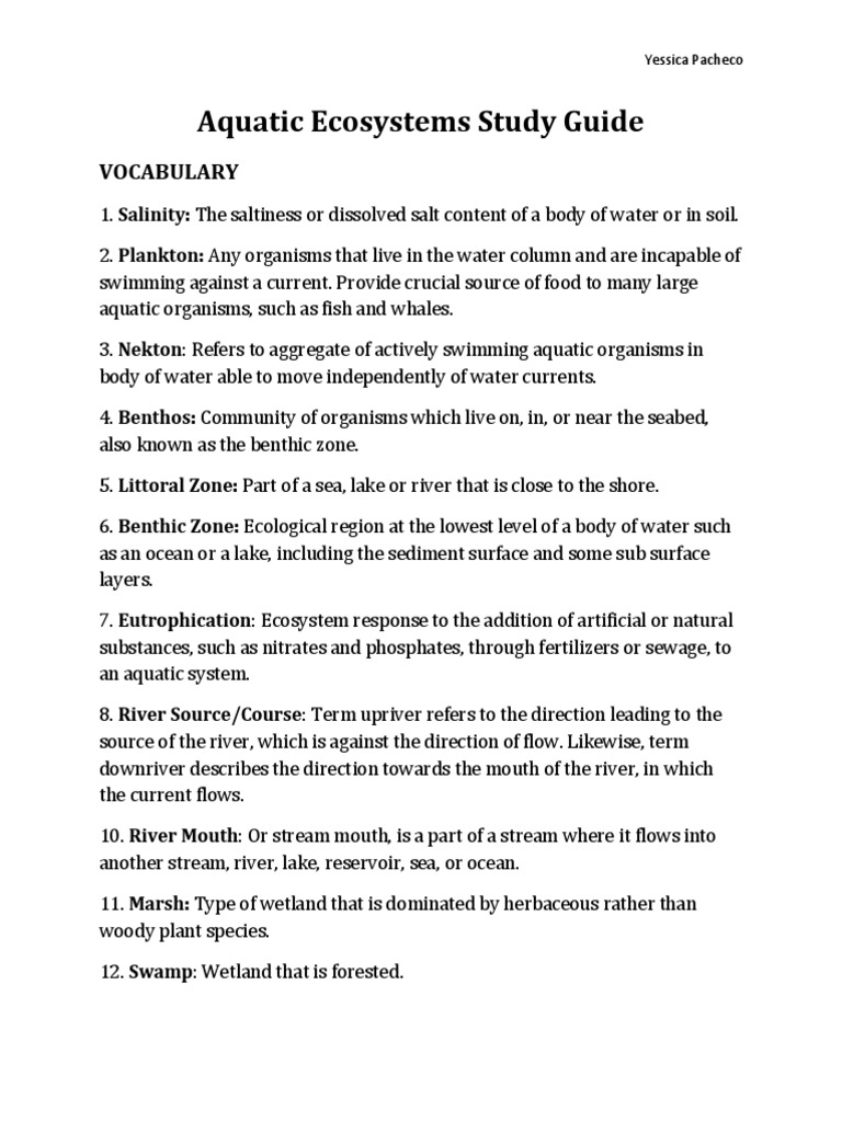 Aquatic Ecosystems Study Guide | PDF | Aquatic Ecosystem | Wetland