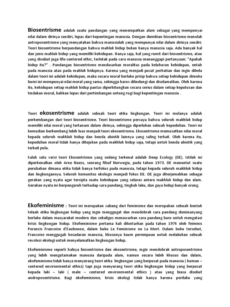 Teori Biosentrisme dan Ekosentrisme dalam Etika Lingkungan | PDF ...