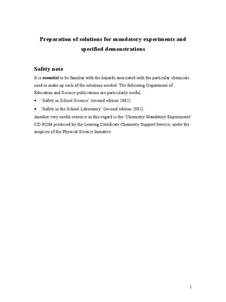 Preparation Instructions and Safety Notes for Laboratory Solutions ...