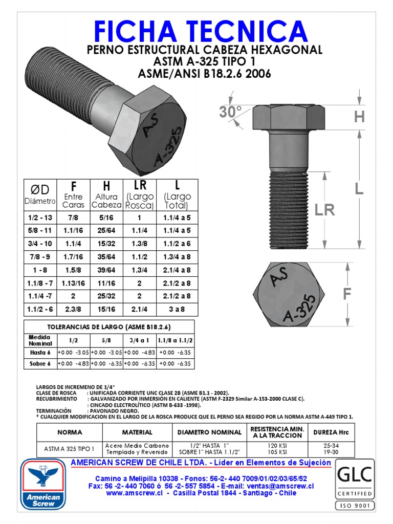 Ficha Técnica de Pernos ASTM A-325 | PDF | Tecnología