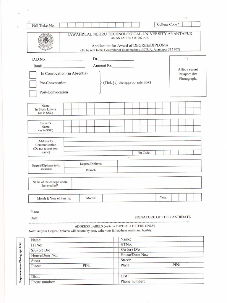 JNTUA Degree/Diploma Application Form | PDF