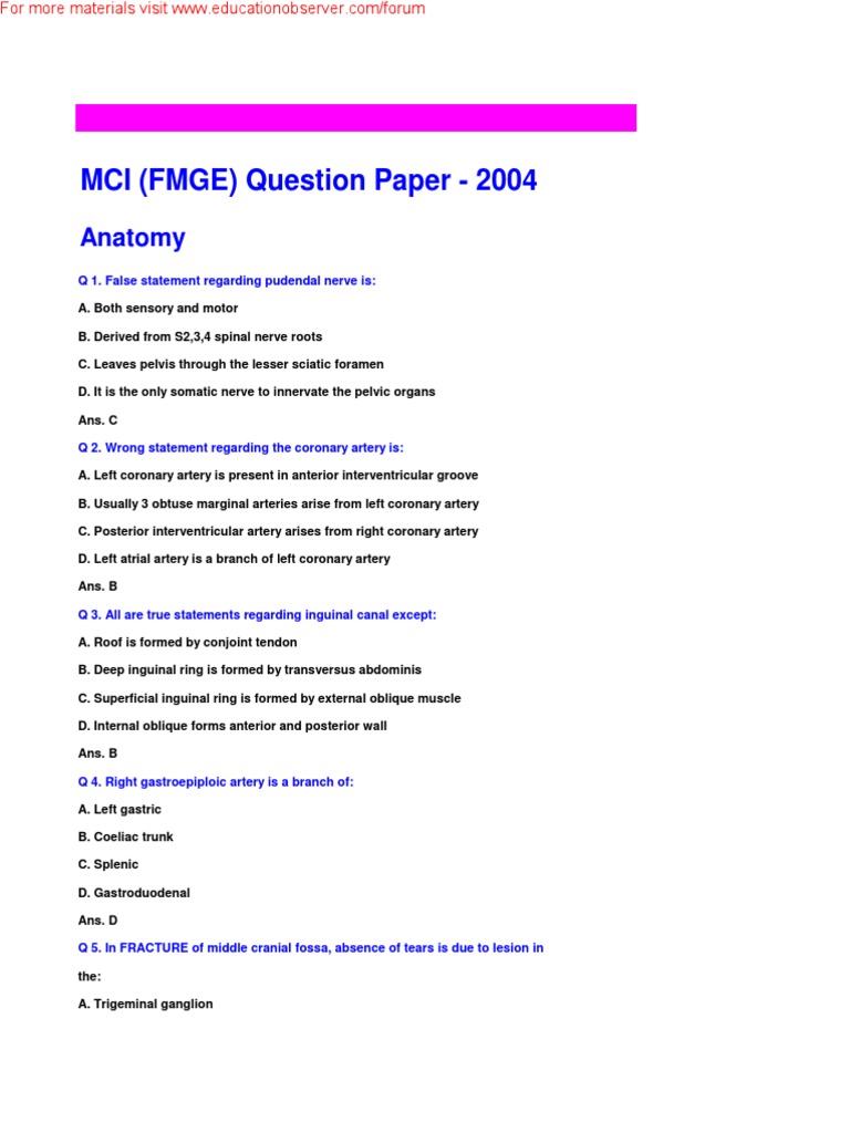 MCI FMGE Previous Year Solved Question Paper 2004 | Download Free PDF ...