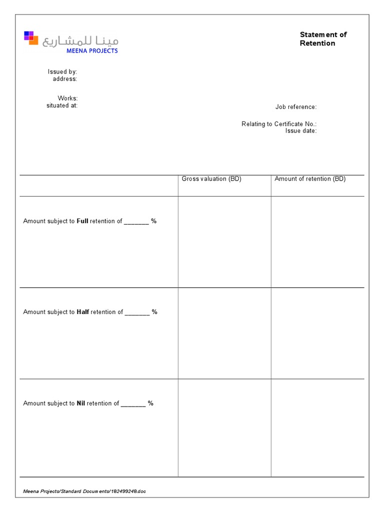 Statement of Retention: Meena Projects/Standard Documents/182499248 | PDF