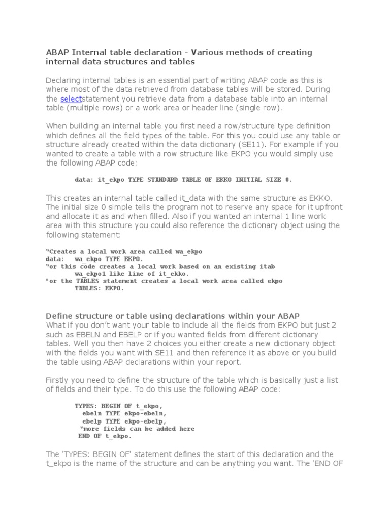 ABAP Internal Table Declaration | PDF | Data Type | Variable (Computer ...