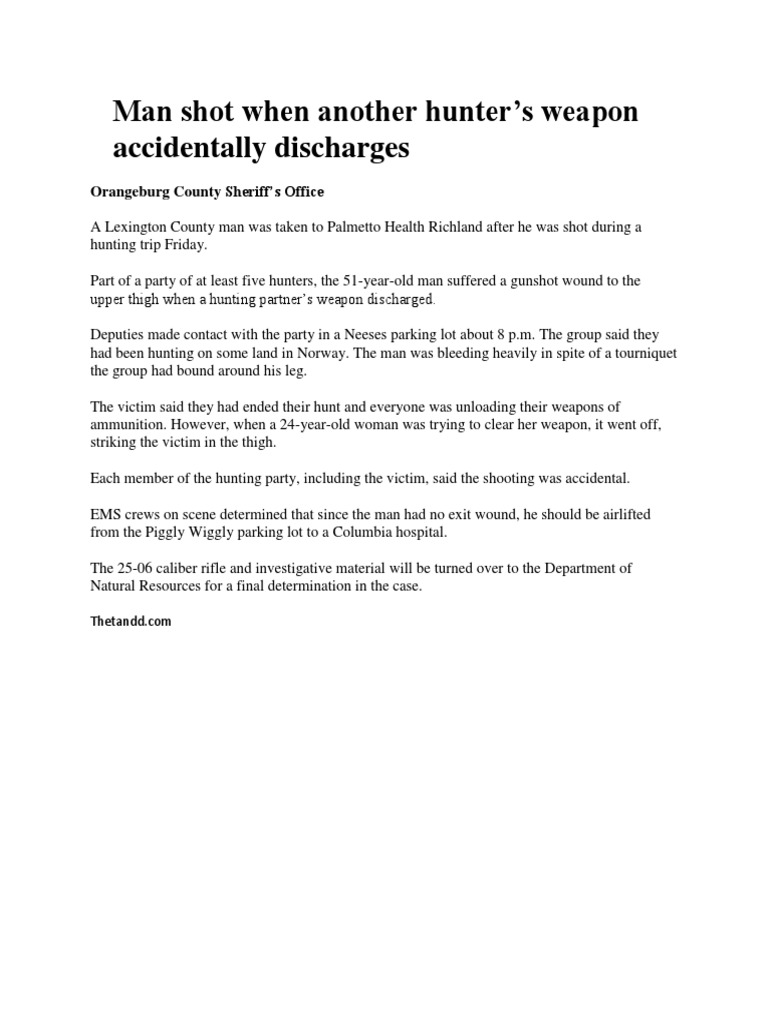 Man Shot When Another Hunter's Weapon Accidentally Discharges | PDF