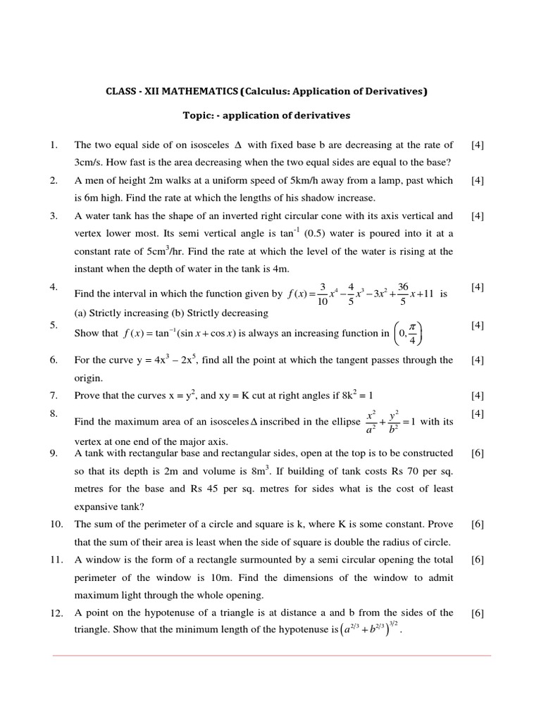 CLASS - XII MATHEMATICS (Calculus: Application of Derivatives) Topic ...