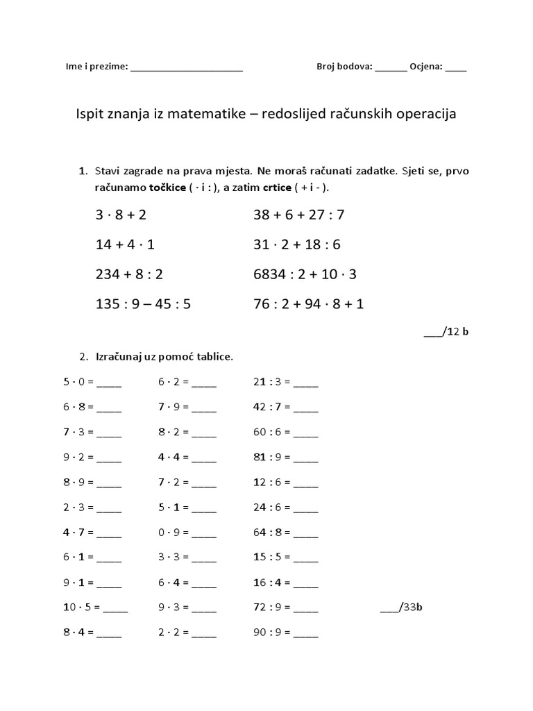 Matematika - Redoslijed Računskih Operacija | PDF