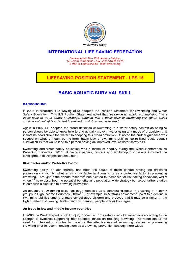 ILS Position Statement On Basic Aquatic Survival Skill | PDF | Risk ...