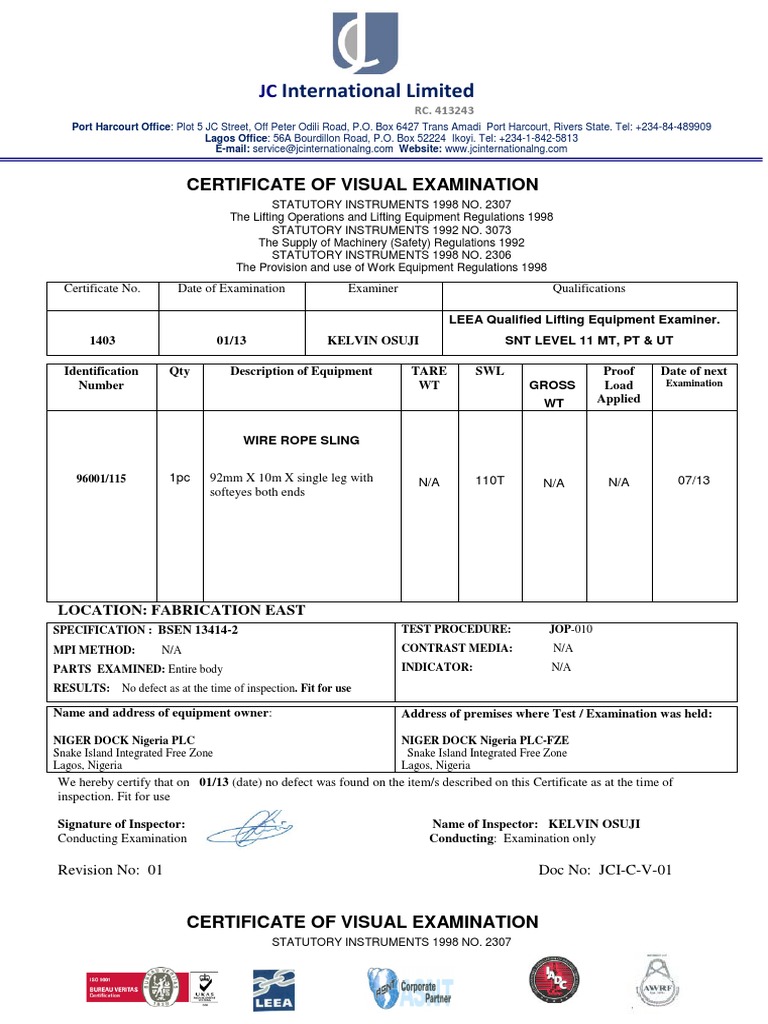 International Limited: Certificate of Visual Examination | PDF | Test ...