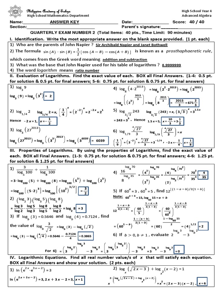 Advanced Algebra Exam Key | PDF | Logarithm | Equations