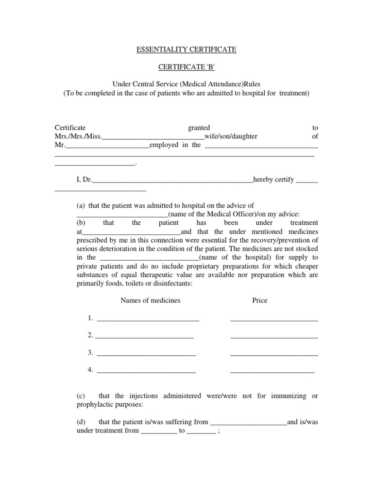 Form of Essentiality Certificate B | PDF | Medicine | Physician