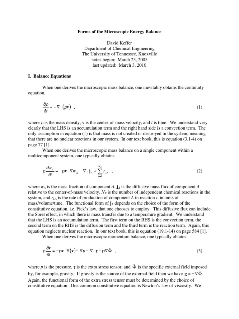 Forms of The Microscopic Energy Balance: R W T W | PDF | Enthalpy ...