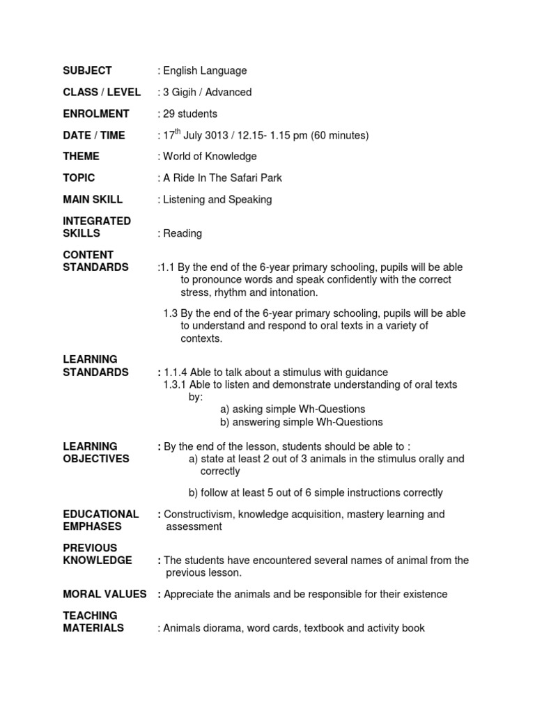 Lesson Plan - Listening & Speaking - A Ride in The Safari Park | PDF ...