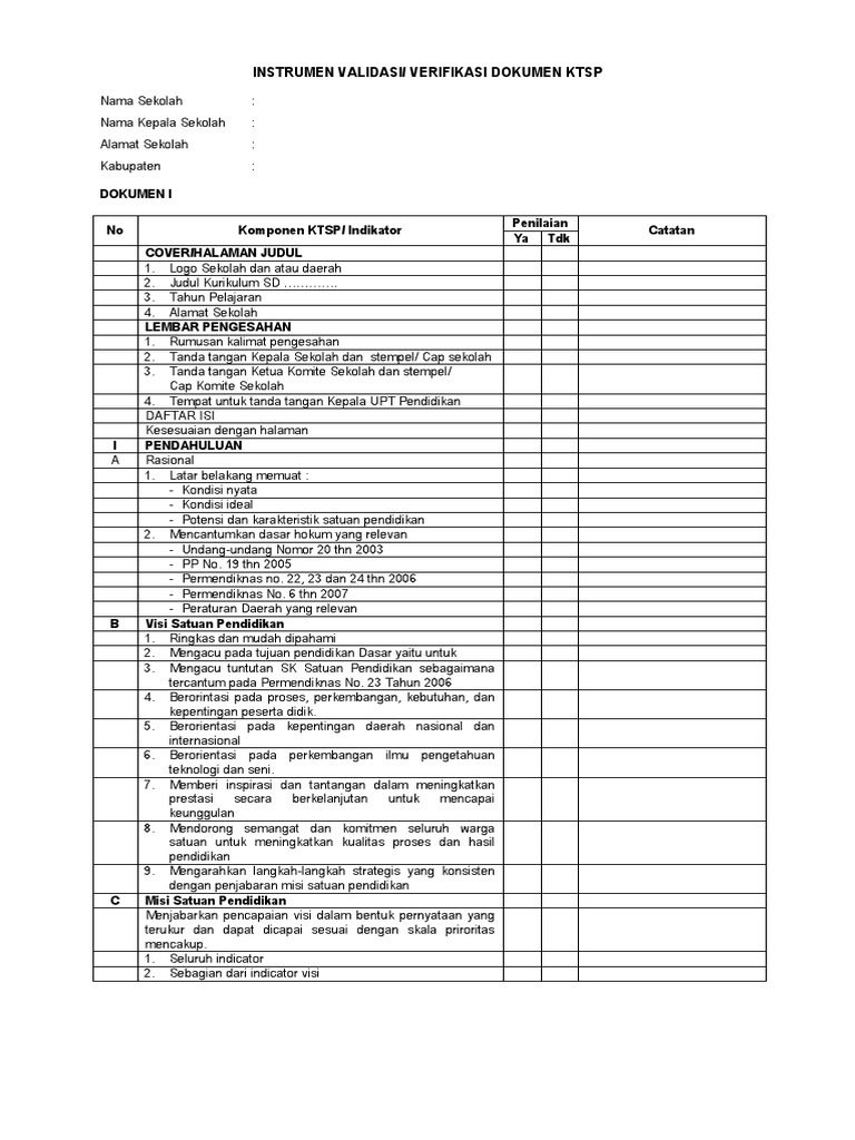 Instrumen Validasi Dokumen 1 Dan 2 KTSP | PDF | Karier & Perkembangan