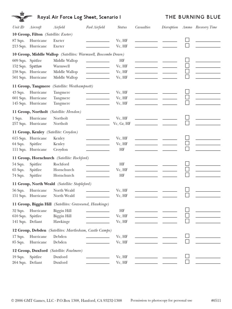 Royal Air Force Log Sheet, Scenario 1 The Burning Blue | PDF | Social ...