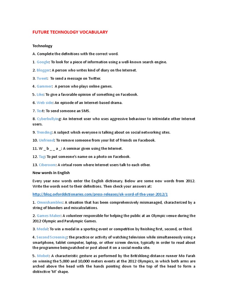 Future Technology Vocabulary | PDF | Twitter | Internet