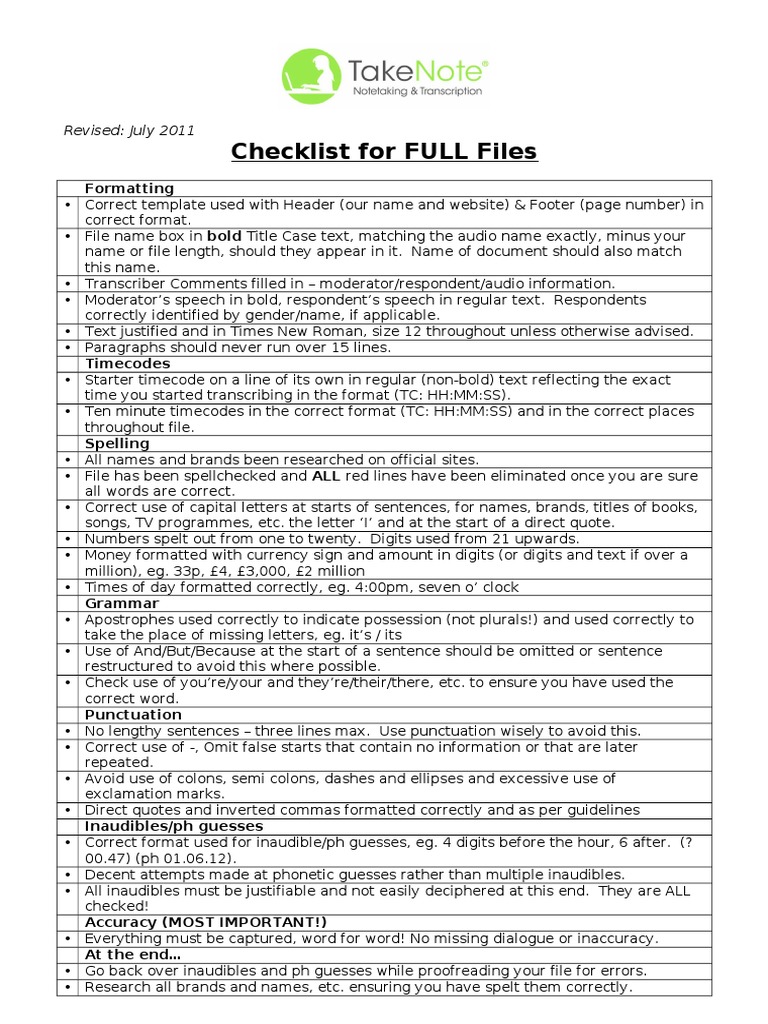 Checklist For FULL Files: Formatting | Download Free PDF | Punctuation ...