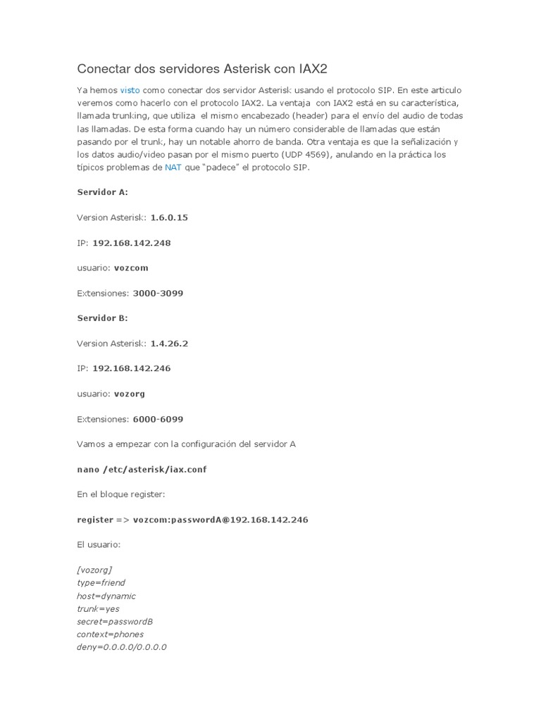 Conectar Dos Servidores Asterisk Con IAX2 | PDF | Informática