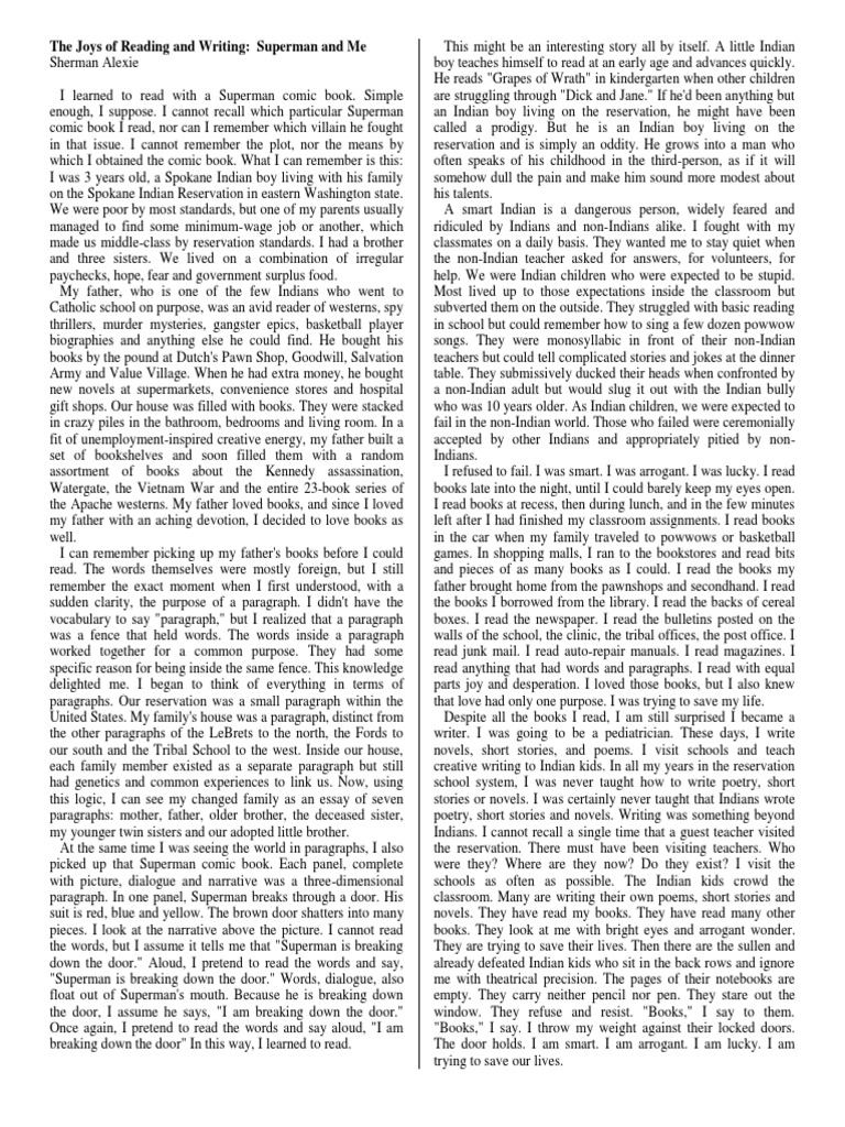 Sherman Alexie The Joys of Reading Superman and Me | PDF | Superman | Books
