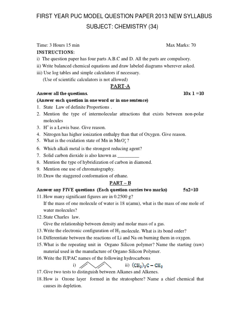 1 Puc Chemistry Model Question Papers 2013 With Answers | PDF ...