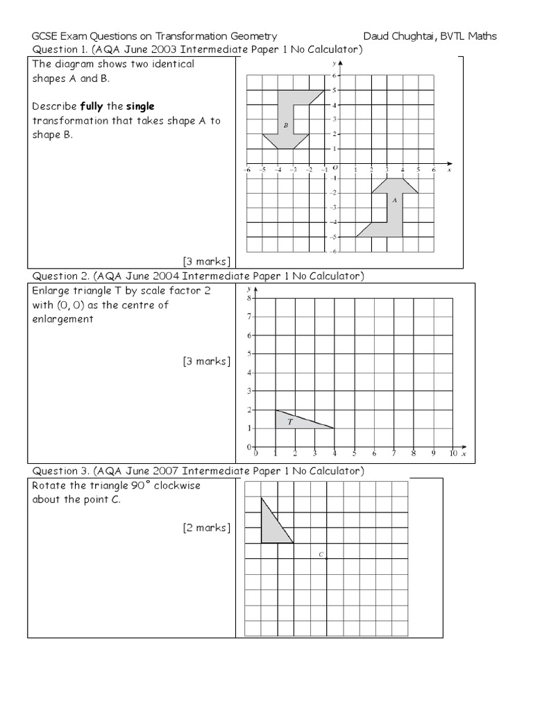 Gcse Exam Questions on Transformation Geometry Intermediate | Shape | Space
