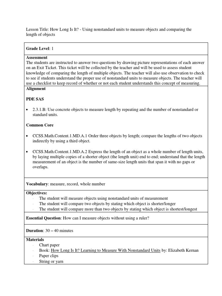 First Grade Measurement Lesson Plan | PDF | Teachers | Question