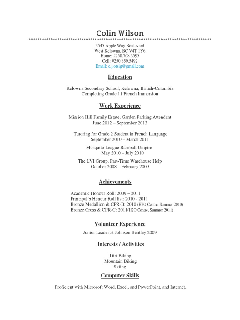 Colin Wilson Resume 2012 | PDF | Sports & Recreation