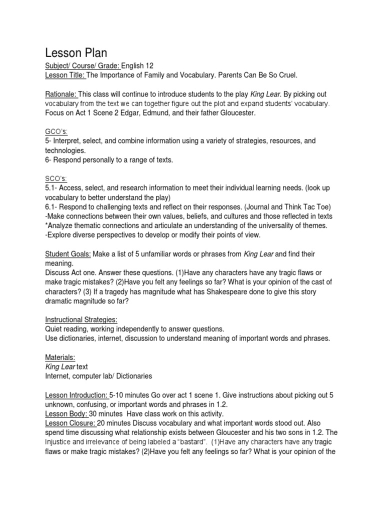 Lesson Plan Engl 12 King Lear 3 | PDF | King Lear | Tragedy