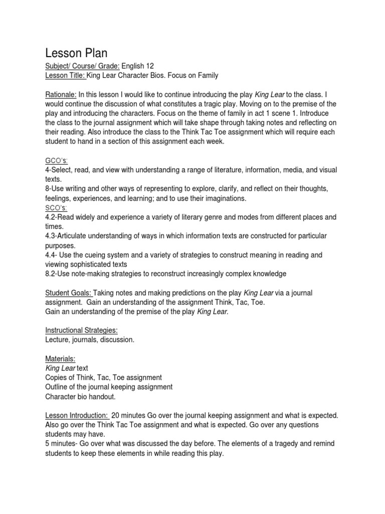 King Lear Character Bios Lesson Plan | PDF | King Lear | Lesson Plan