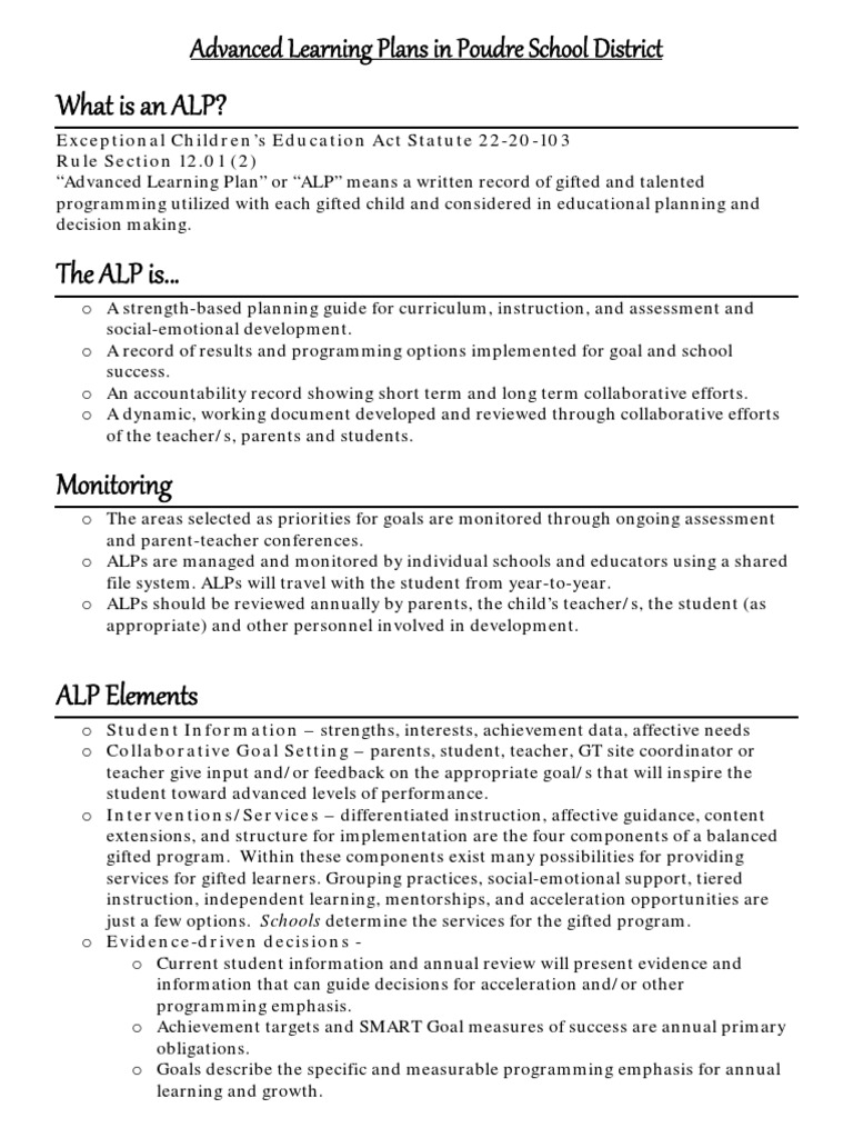 What Is An ALP?: Advanced Learning Plans in Poudre School District | PDF