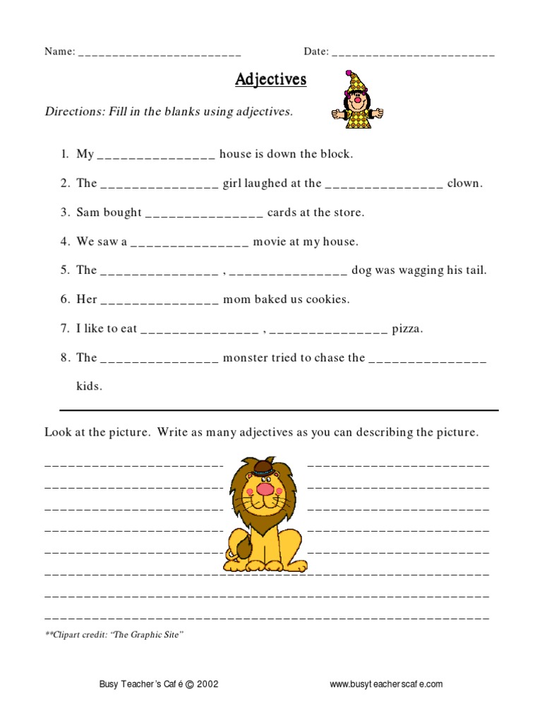 Adjective Fill-in-the-Blank Worksheet | PDF