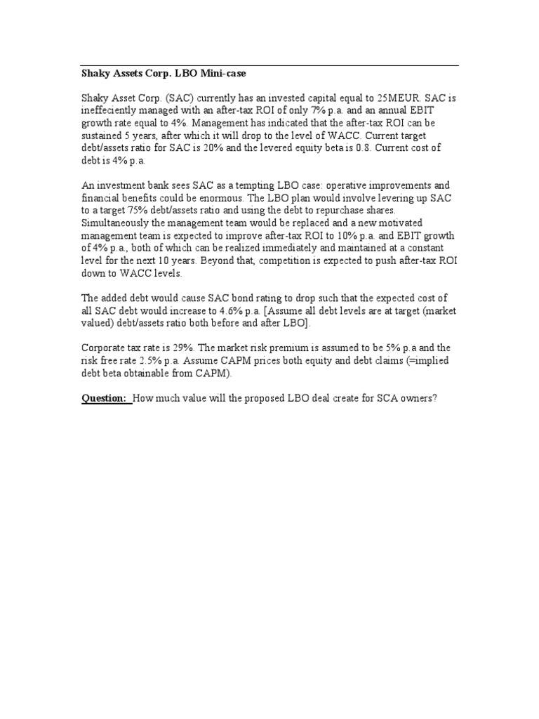 Case Study LBO | PDF | Leveraged Buyout | Capital Asset Pricing Model