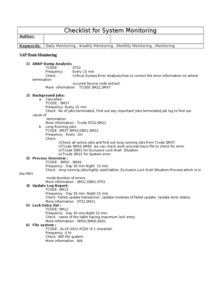 Checklist For System Monitoring Sap Basis | PDF