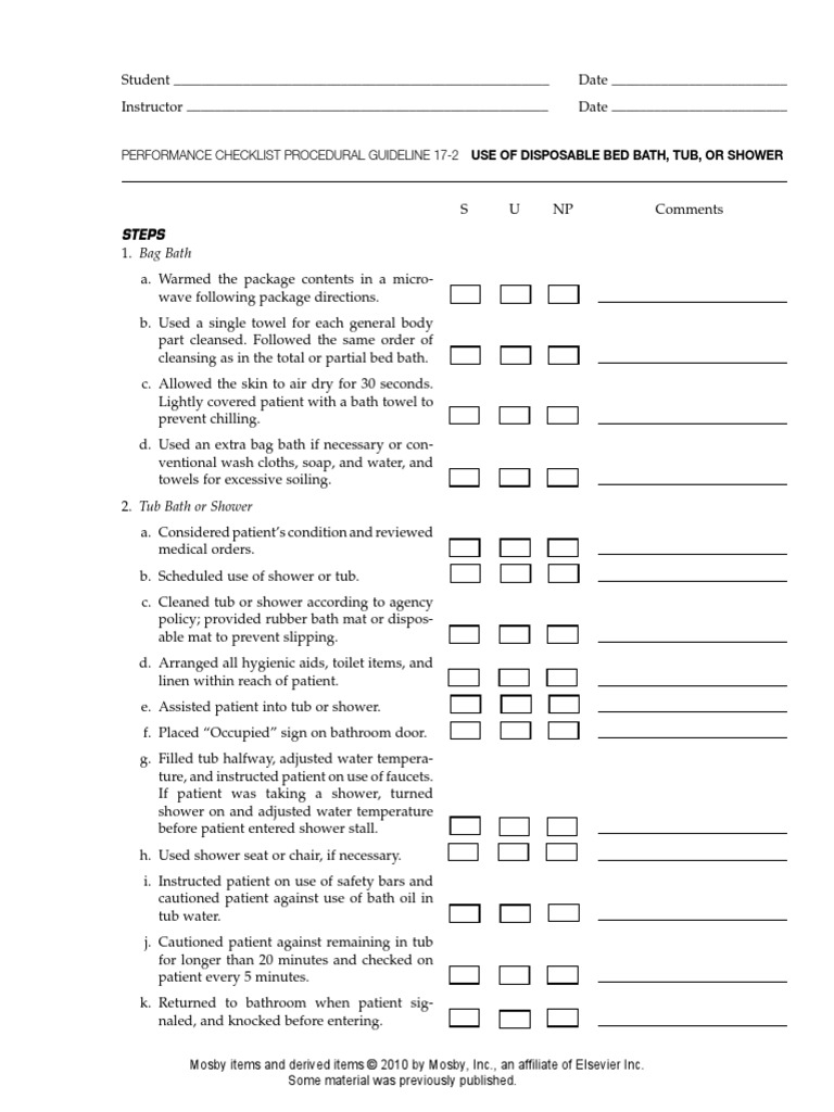 Performance Checklist Procedural Guideline 17-2 Use of Disposable Bed ...