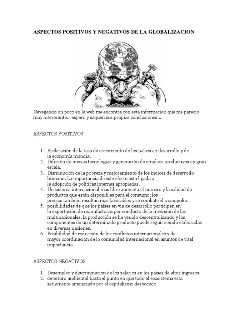 Aspectos Positivos y Negativos de La Globalizacion | PDF | Corporación multinacional | Globalización