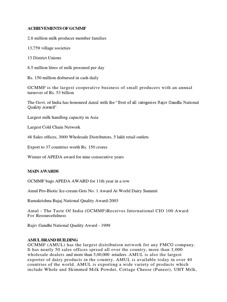 Amul's achievements and awards | PDF | Dairy | Business